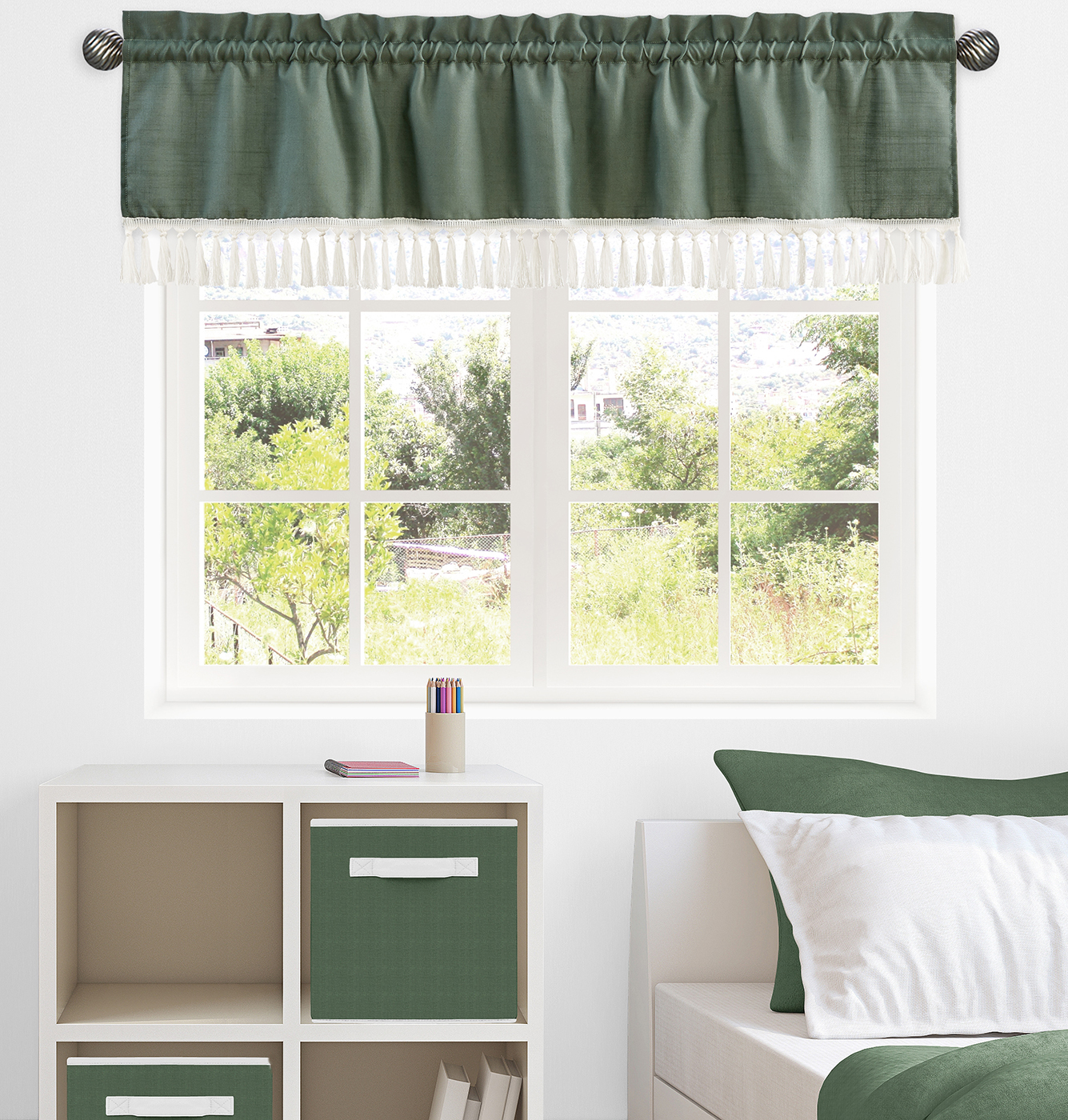 Diamond Tuft Dark Sage Green and Ivory Collection Window Valance