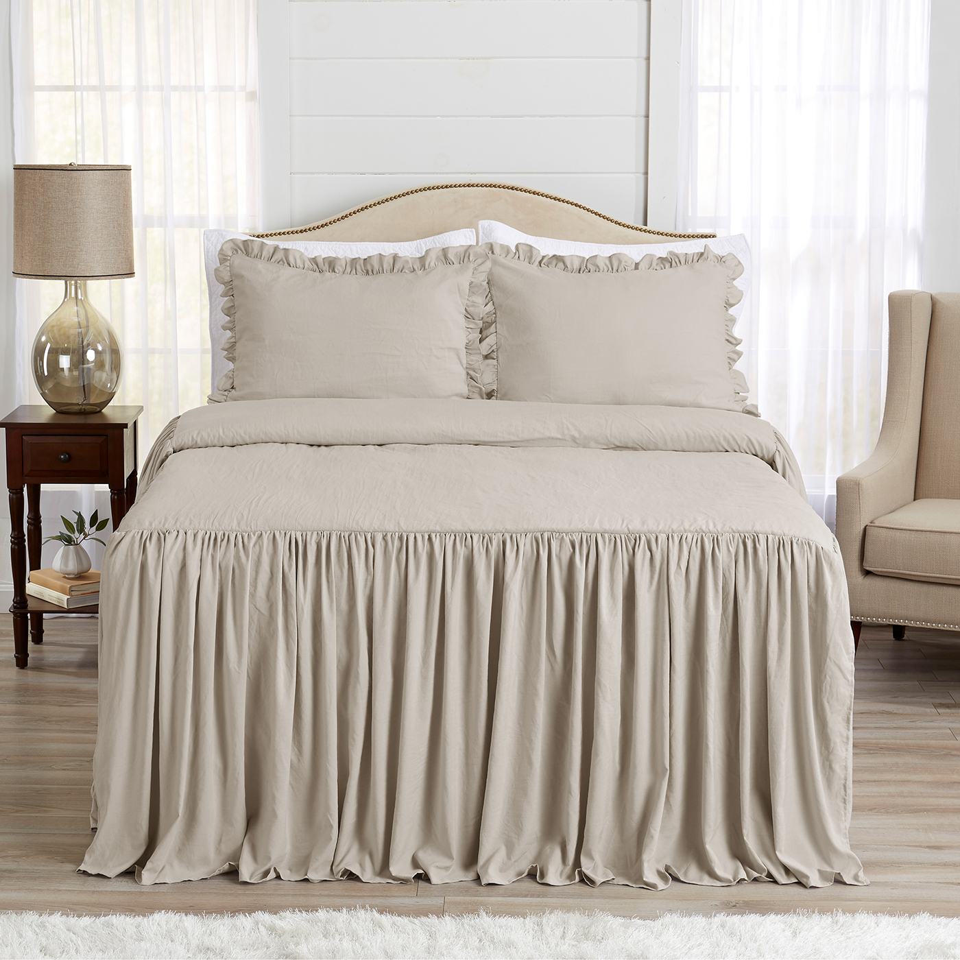 Gathered Bedspread Beige Collection Queen Size Extra Long Bedspread Cover