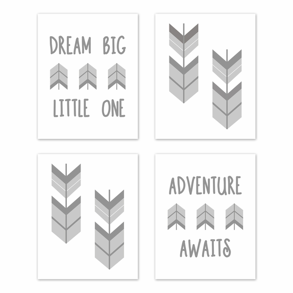 Mod Arrow Grey and White Collection Wall Art Prints - Set of 4