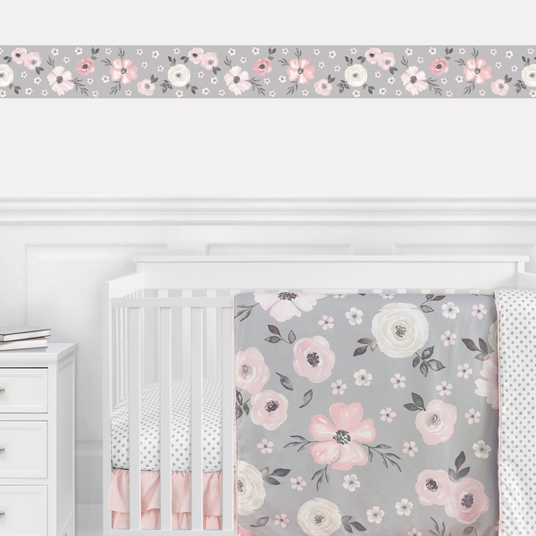 Watercolor Floral Grey Collection Wallpaper Border