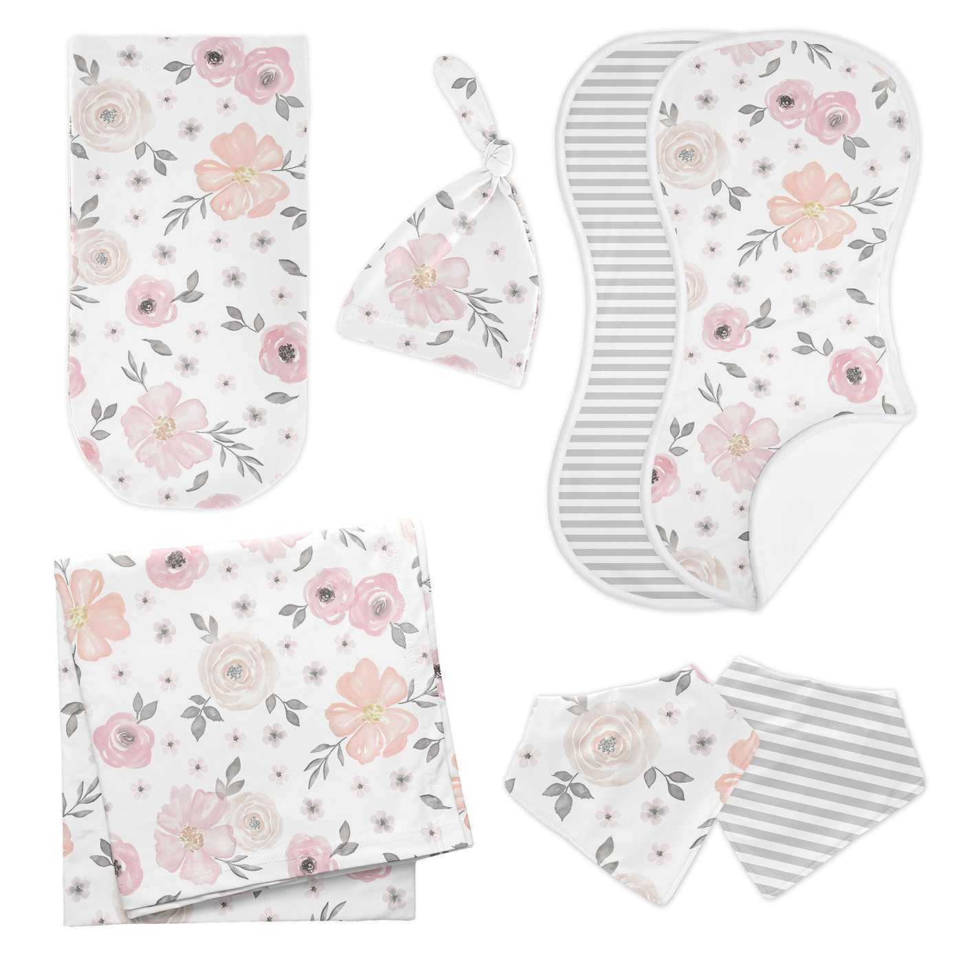 Watercolor Floral Pink and Grey Collection Newborn Baby Layette Set