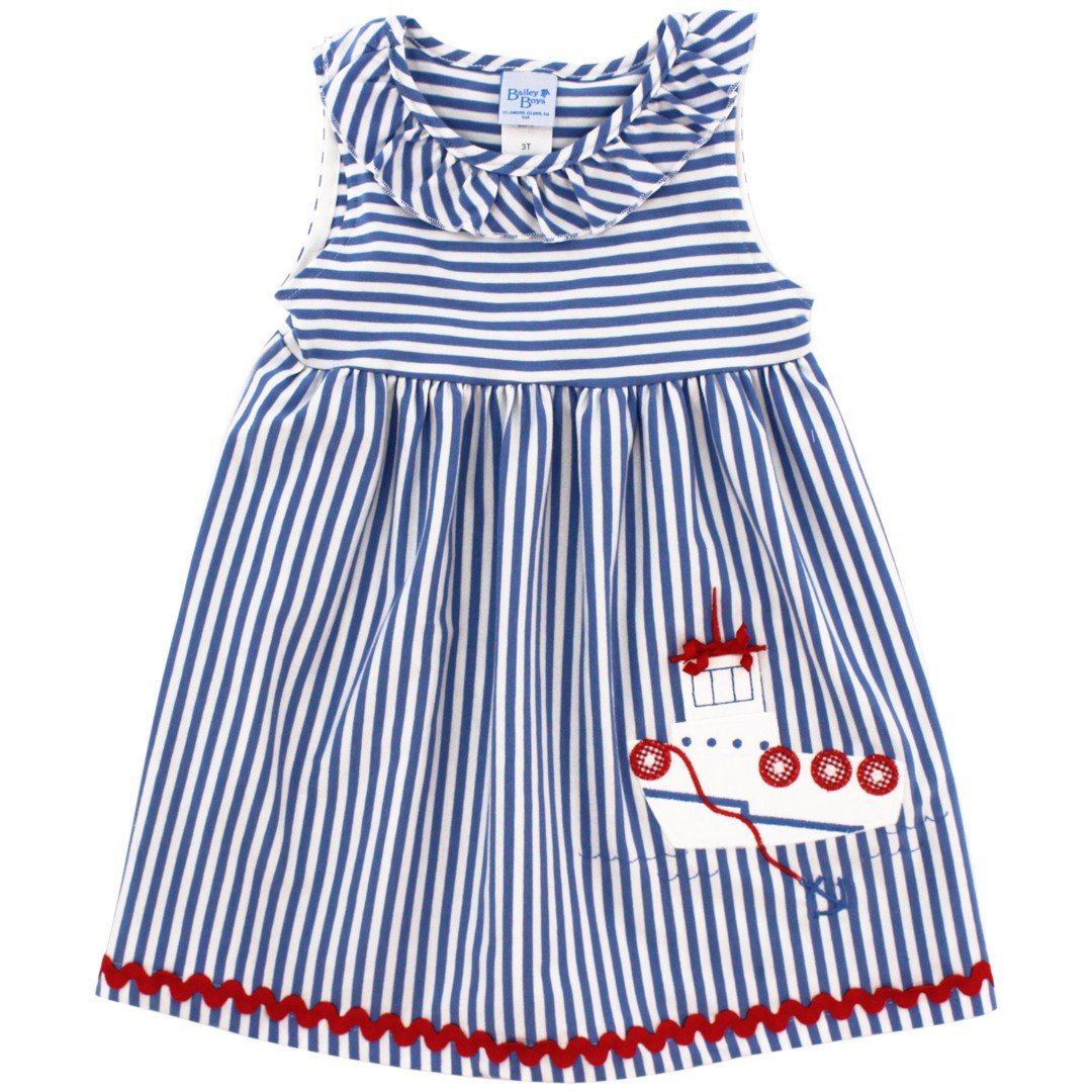 Bailey Boys Tug Tug Your Boat Blue Stripe Knit Empire Waist Dress 2T-6X