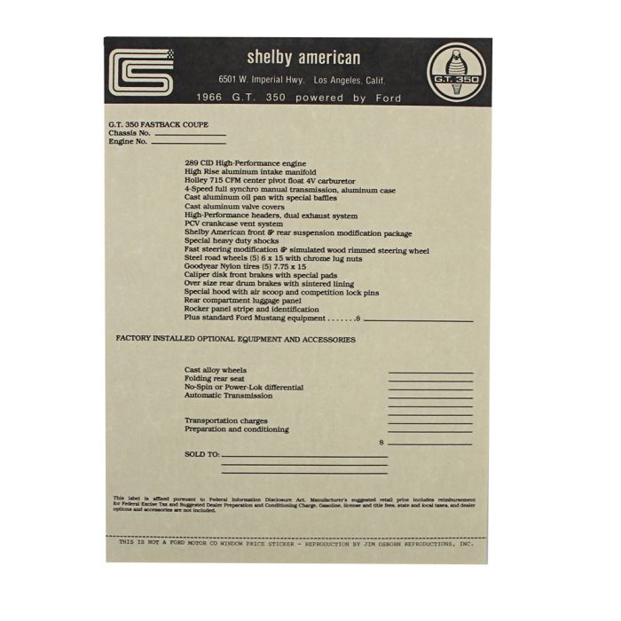 1966 Shelby GT350 Window Sticker