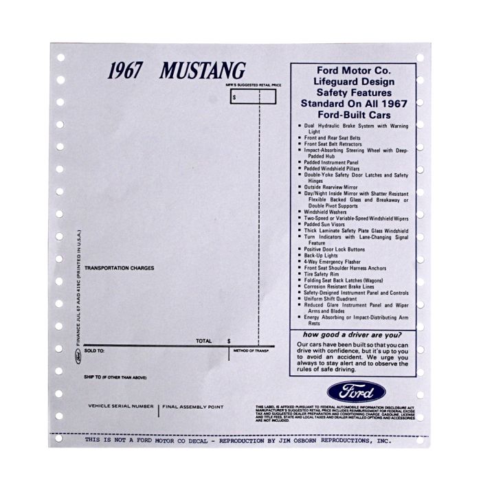 1967 Mustang Window Sticker