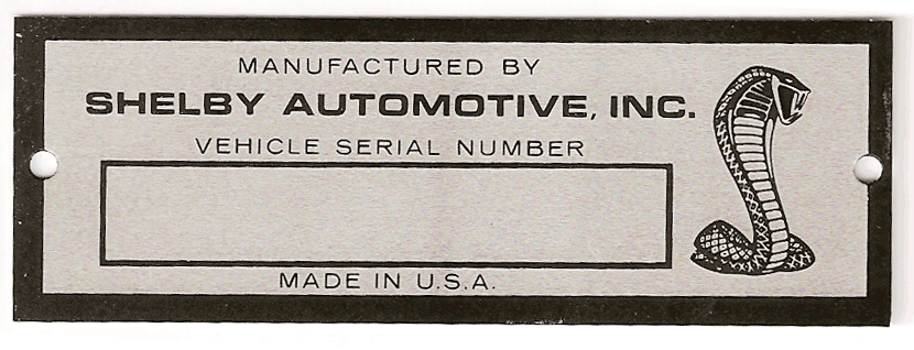 1968 Shelby Automotive Inc. Serial Number Tag (Late)