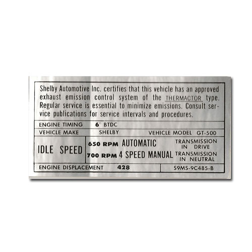 1969-70 Shelby GT500 Engine Spec & Timing Decal