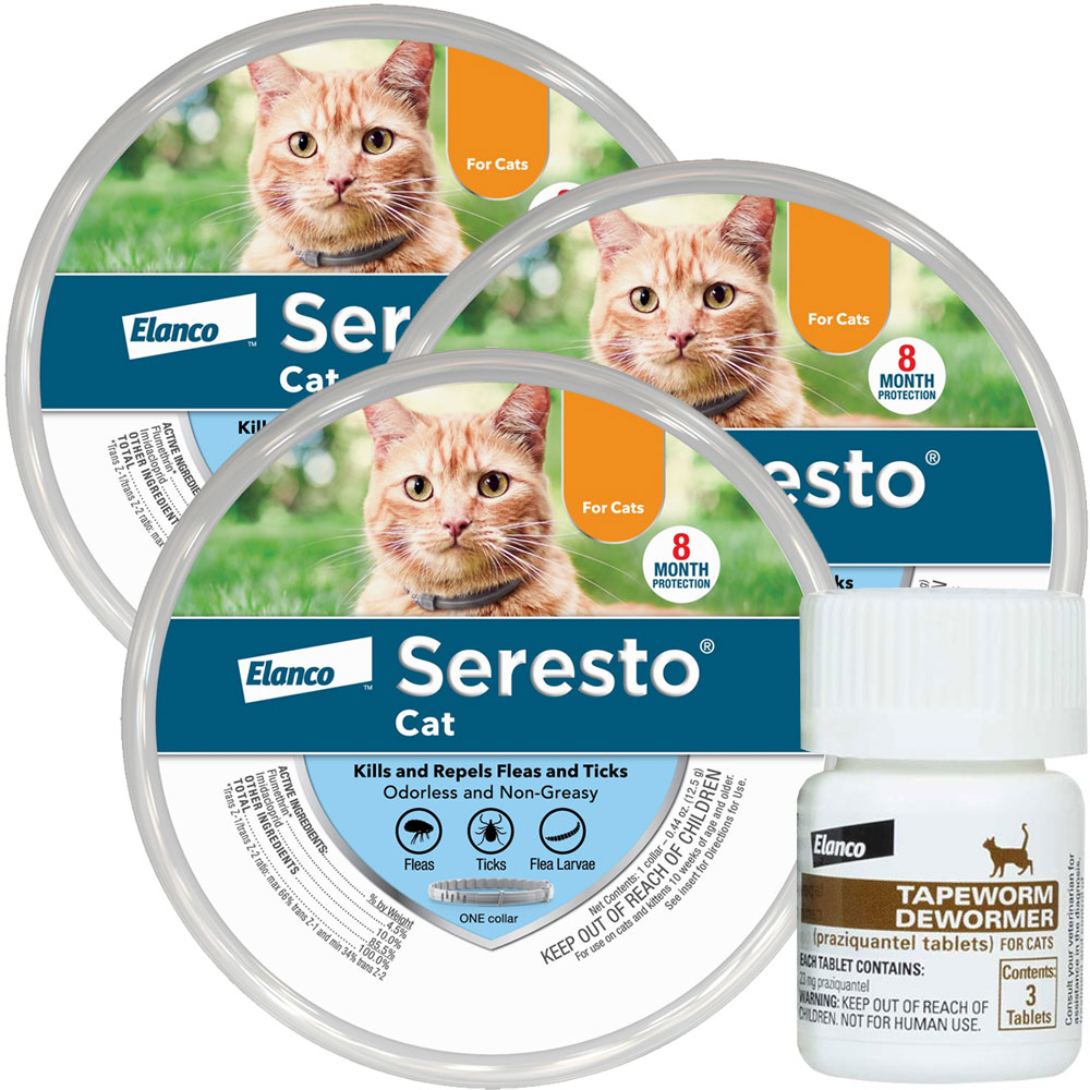 3-PACK Seresto Flea & Tick Collar for Cats + Tapeworm Dewormer for Cats ...