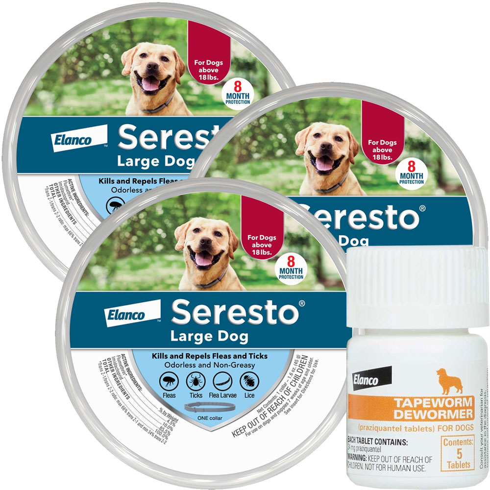 3-PACK Seresto Flea & Tick Collar for Large Dogs + Tapeworm Dewormer ...