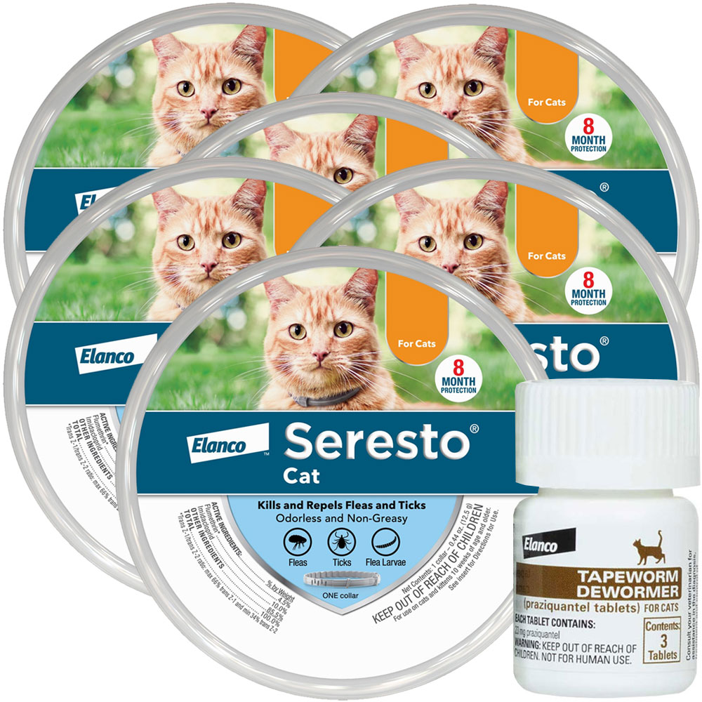 6-PACK Seresto Flea & Tick Collar for Cats + Tapeworm Dewormer for Cats ...