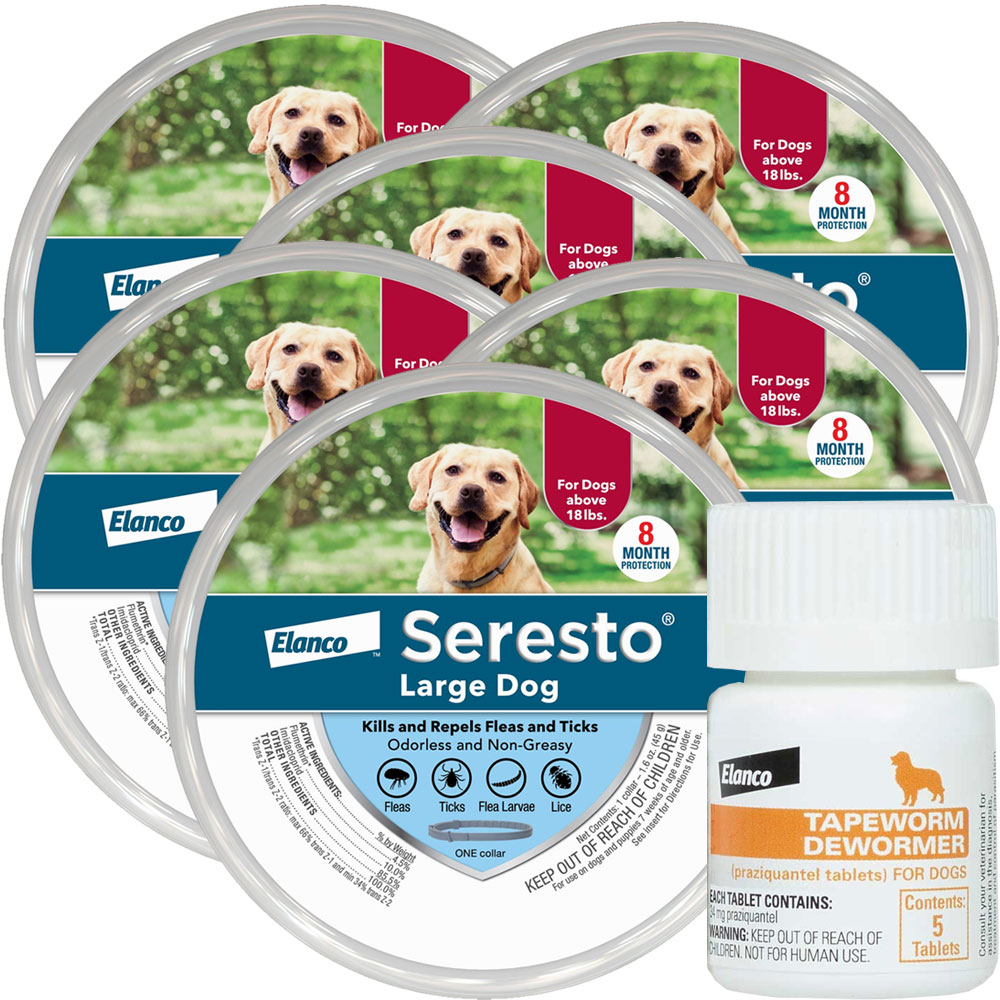 6-PACK Seresto Flea & Tick Collar for Large Dogs + Tapeworm Dewormer ...