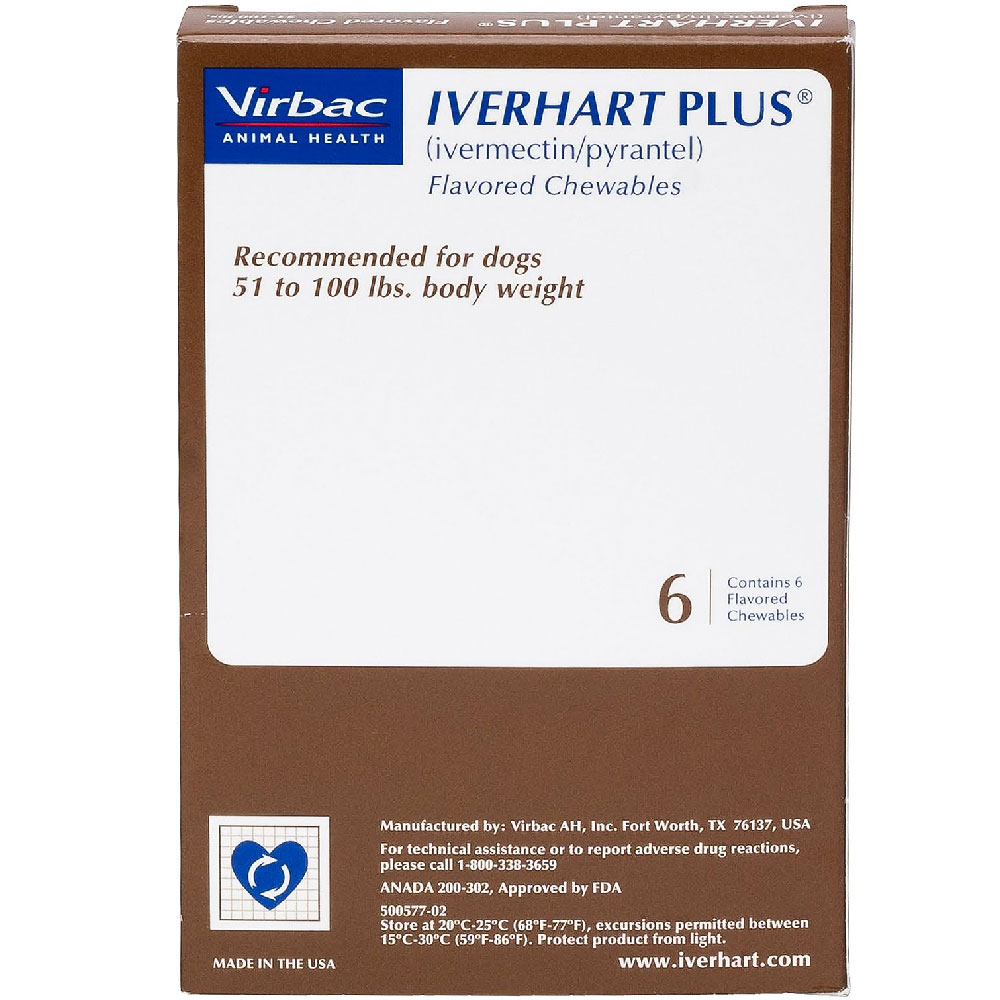 Iverhart Plus Chewable Tablet for Dogs, 51-100 lbs, (Brown Box), 12 ...