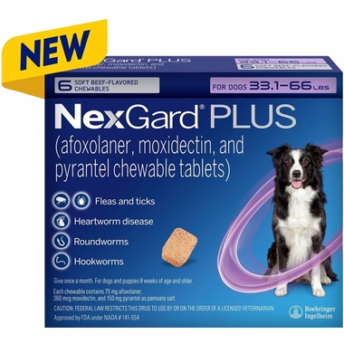 Nexgard Plus Chewable Tablets for Dogs, 33.1-66 lbs Purple, 6 Months ...