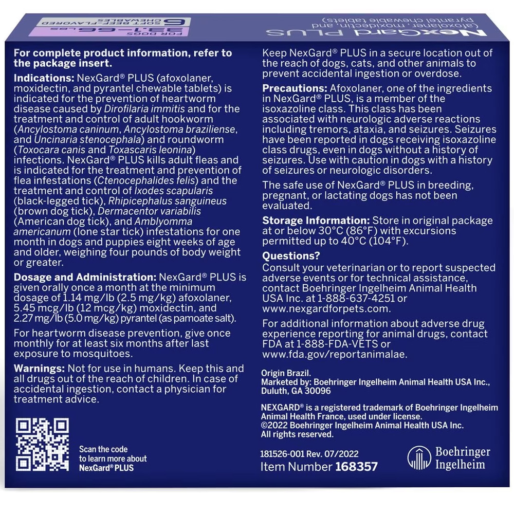 Nexgard Plus Chewable Tablets for Dogs, 33.1-66 lbs Purple, 6 Months ...
