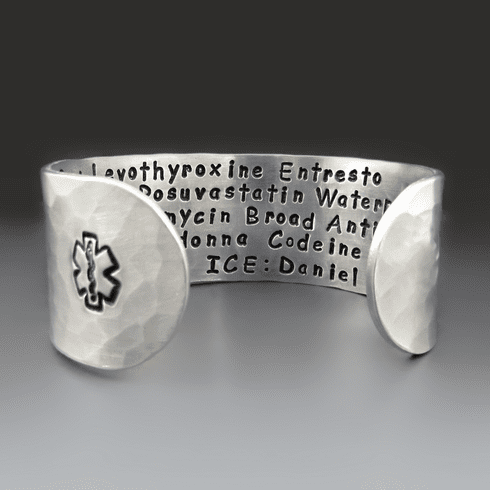 Wide Silver Medical Alert Bracelet - Lots of Text