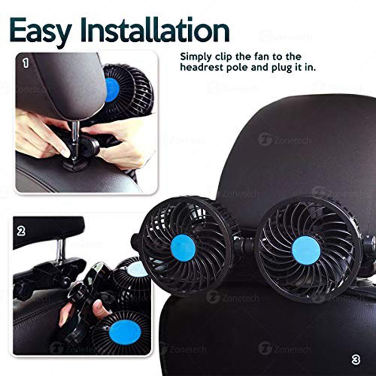 Zone Tech 12V Dual Head Car Cooling Air Fan - 2 Speed 360 Degree ...