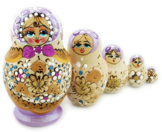 5 Nested Floral Wood burn Doll 3 1/2"