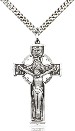Sterling Silver Celtic Crucifix Pendant 24 inch Stainless Silver Curb Chain