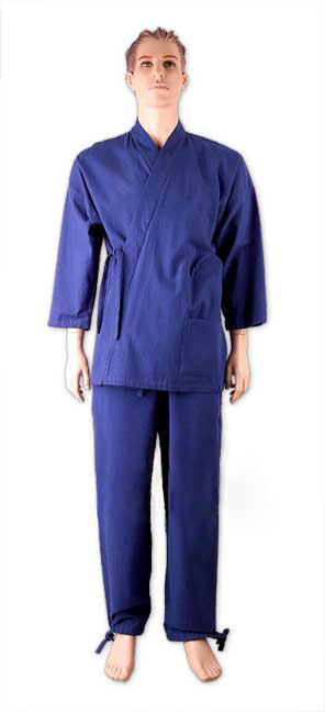 Blue Karate Uniform Set of Jacket w/ Pocket & Tie-Hem Pants