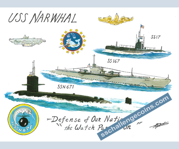 Submarine Art: USS Narwhal SS-17, SS-167 and SSN 671 - The Watch Passes On