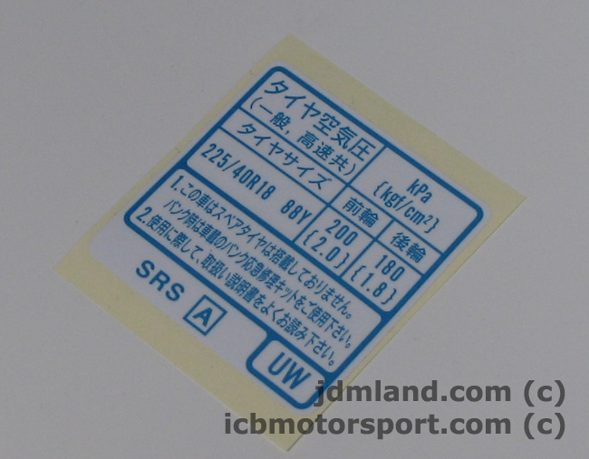 JDM FG2 Civic Type R Tire Pressure Tag