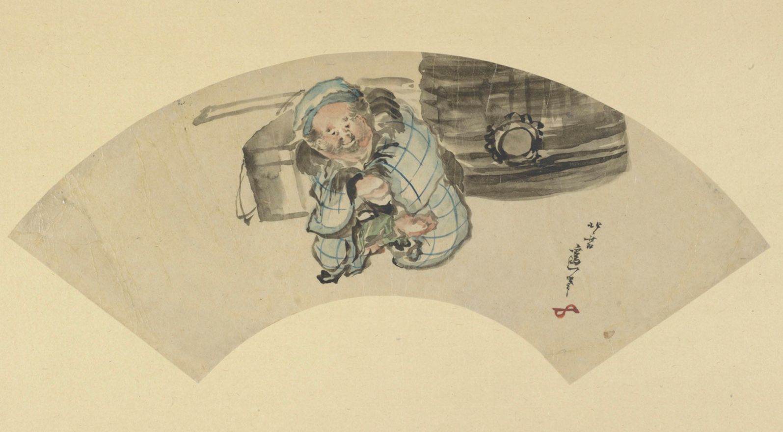 A fat old man sitting beside a large bell