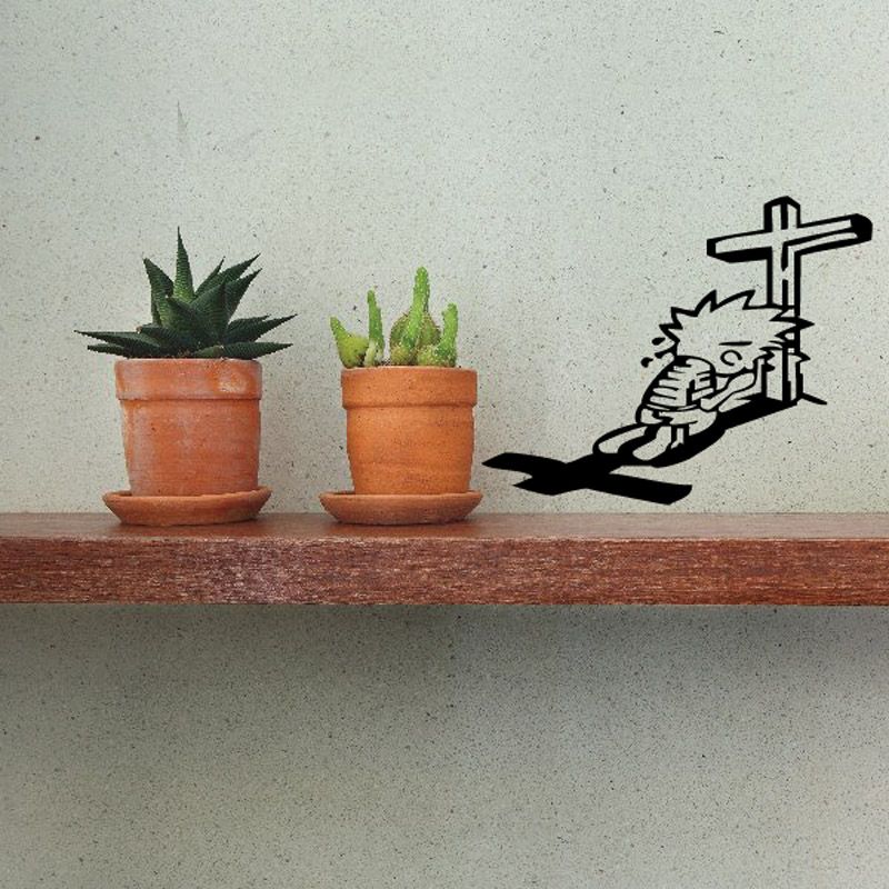 Calvin Crying while praying to cross decal