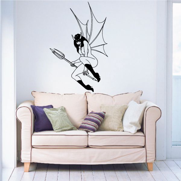 Winged Devil Girl with Pitchfork Sitting Decal