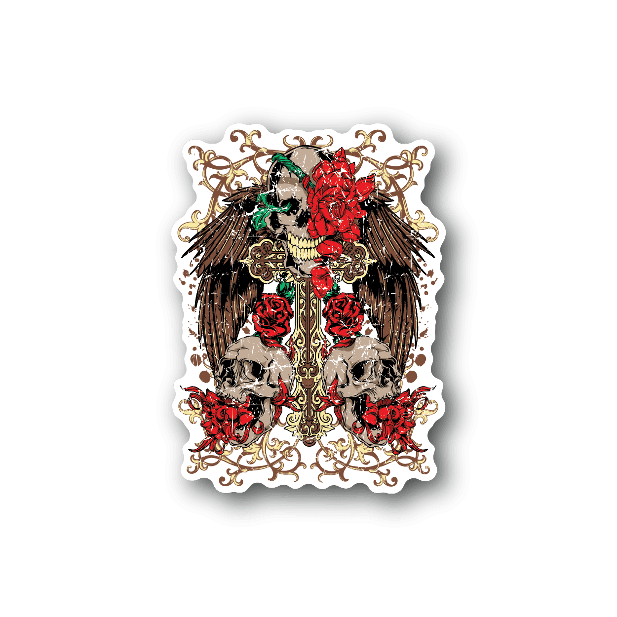 Winged Skull in Roses Sticker