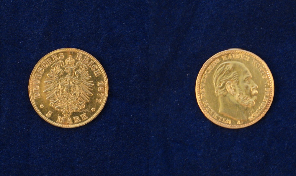 1877 German States Prussia Gold 5 Mark AU