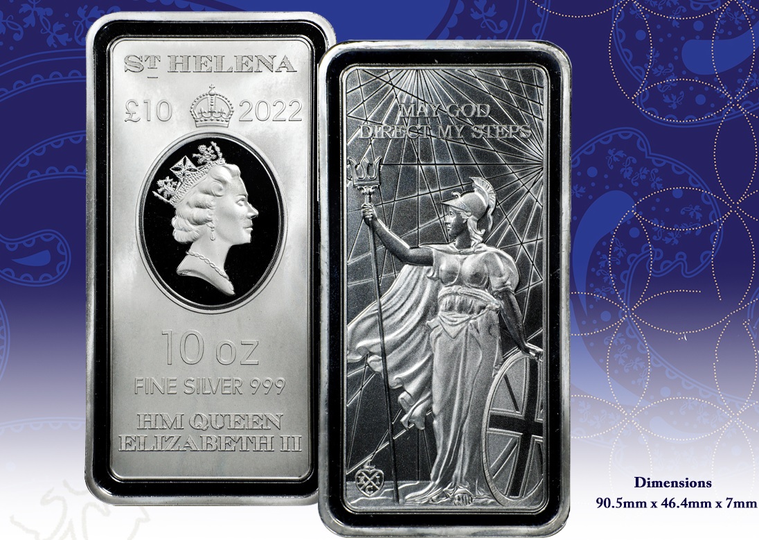 St Helena Standing Britannia Silver Bar 10 oz