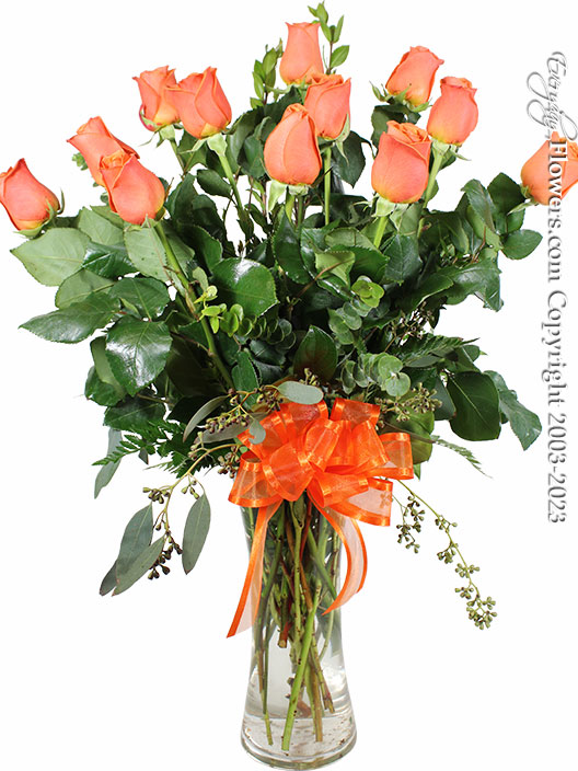 Dozen Orange Roses with Vase or Wrapped by Everyday Flowers