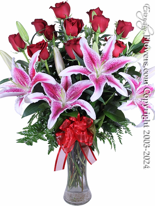 Dozen Roses & Stargazer Lilies Orange County, CA Local Florist