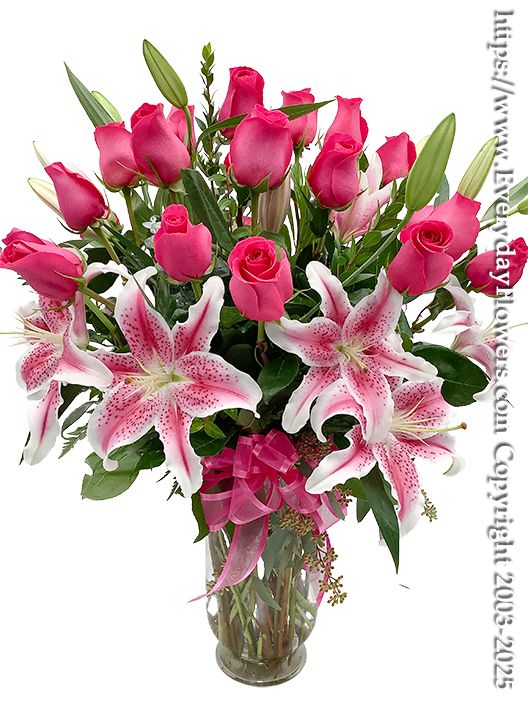 Two Dozen Hot Pink Roses With Stargazer Lilies - Same Day Delivery ...