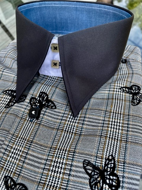 MorCouture Plaid Butterfly High Collar Shirt