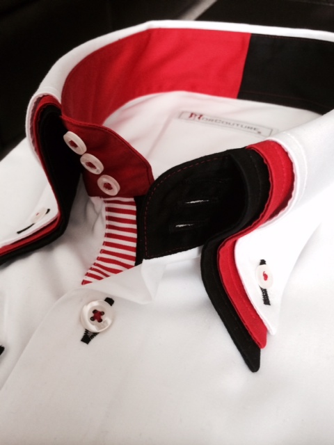 MorCouture White Red Black Trim High Triple Collar Shirt