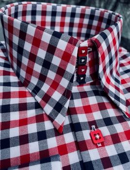 MorCouture White Red Navy Check High Collar Shirt