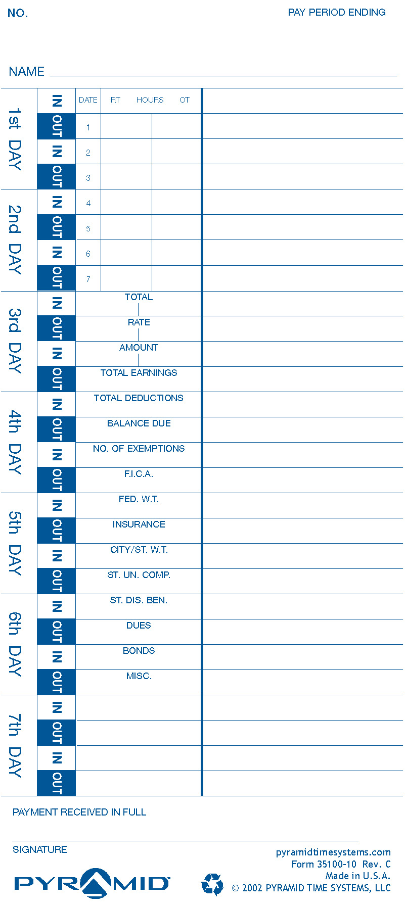 35100-10M3 Time Cards for Models 3000HD, 3500 & 3700 (3