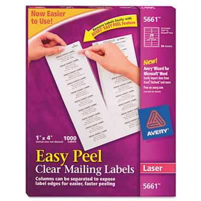 AVE5661 Easy Peel Laser Mailing Labels, 1x4, Clear, 100