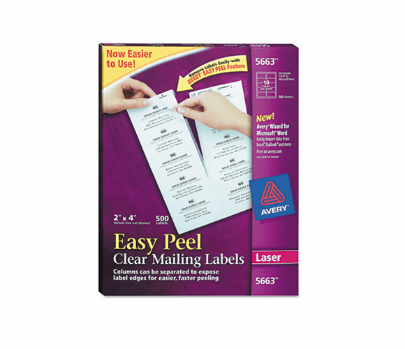 AVE5663 Easy Peel Laser Mailing Labels, 2x4, Clear, 500