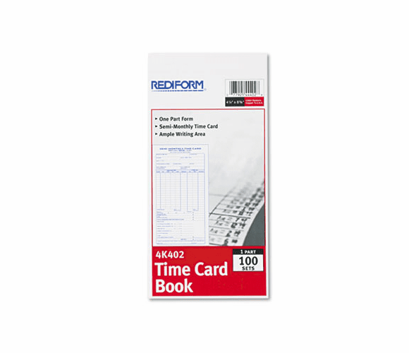 RED4K402 Employee Time Card, Semi-Monthly, 4-1/4x8, 100