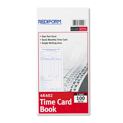 RED4K402 Employee Time Card, Semi-Monthly, 4-1/4x8, 100