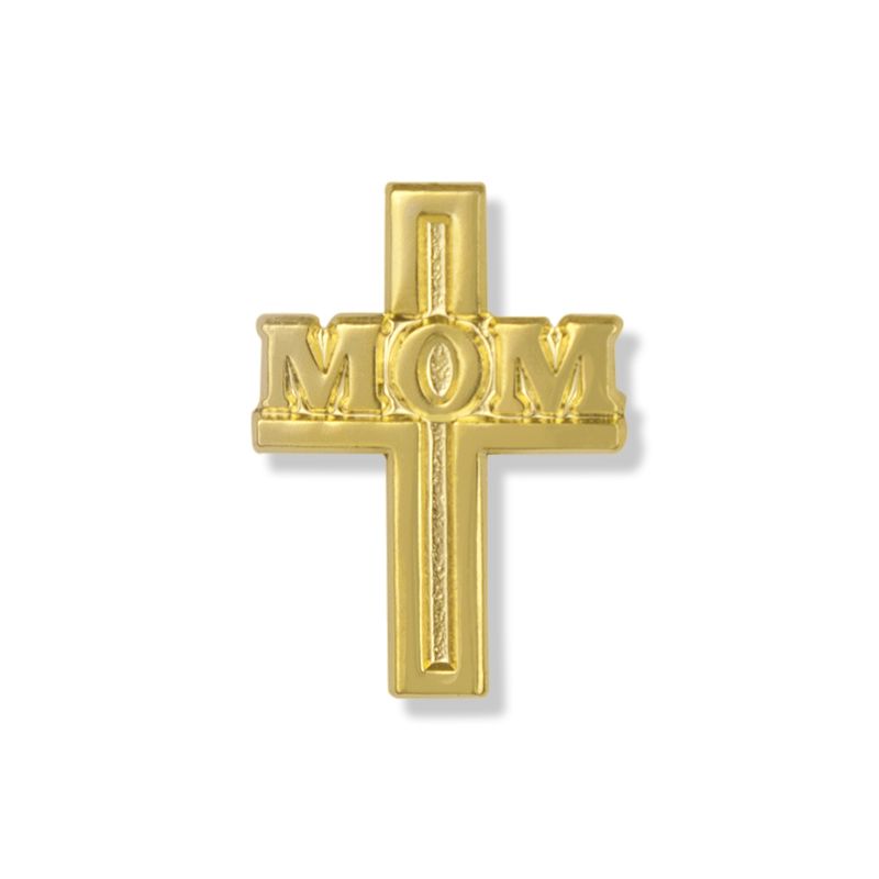 7/8 x 9/16 Inch Gold "Mom" Cross Lapel Pin with Verse Card