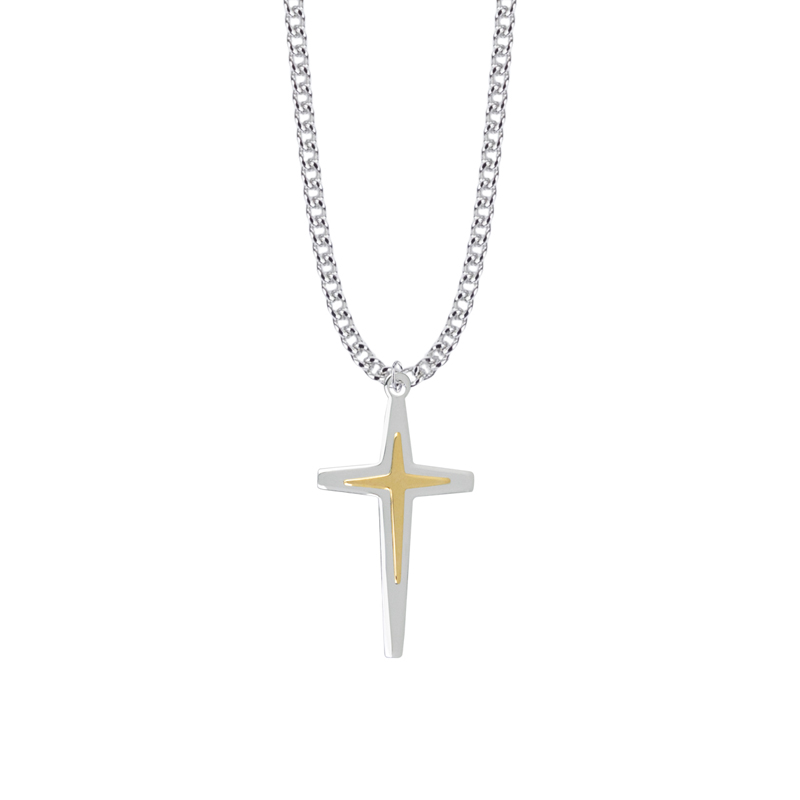 1-7/16 Inch Two-Tone Sterling Silver Tapered Ends Double Cross Necklace