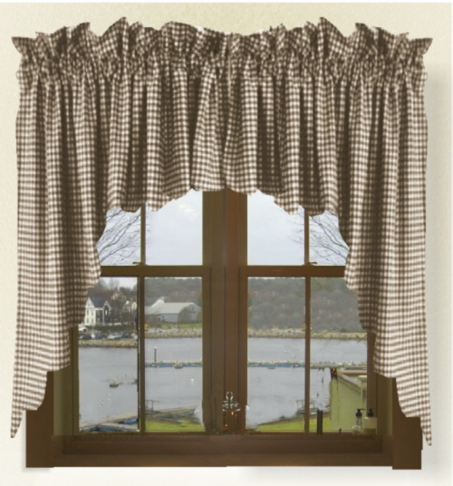 Brown and White Gingham Check Scalloped Swag Window Valance