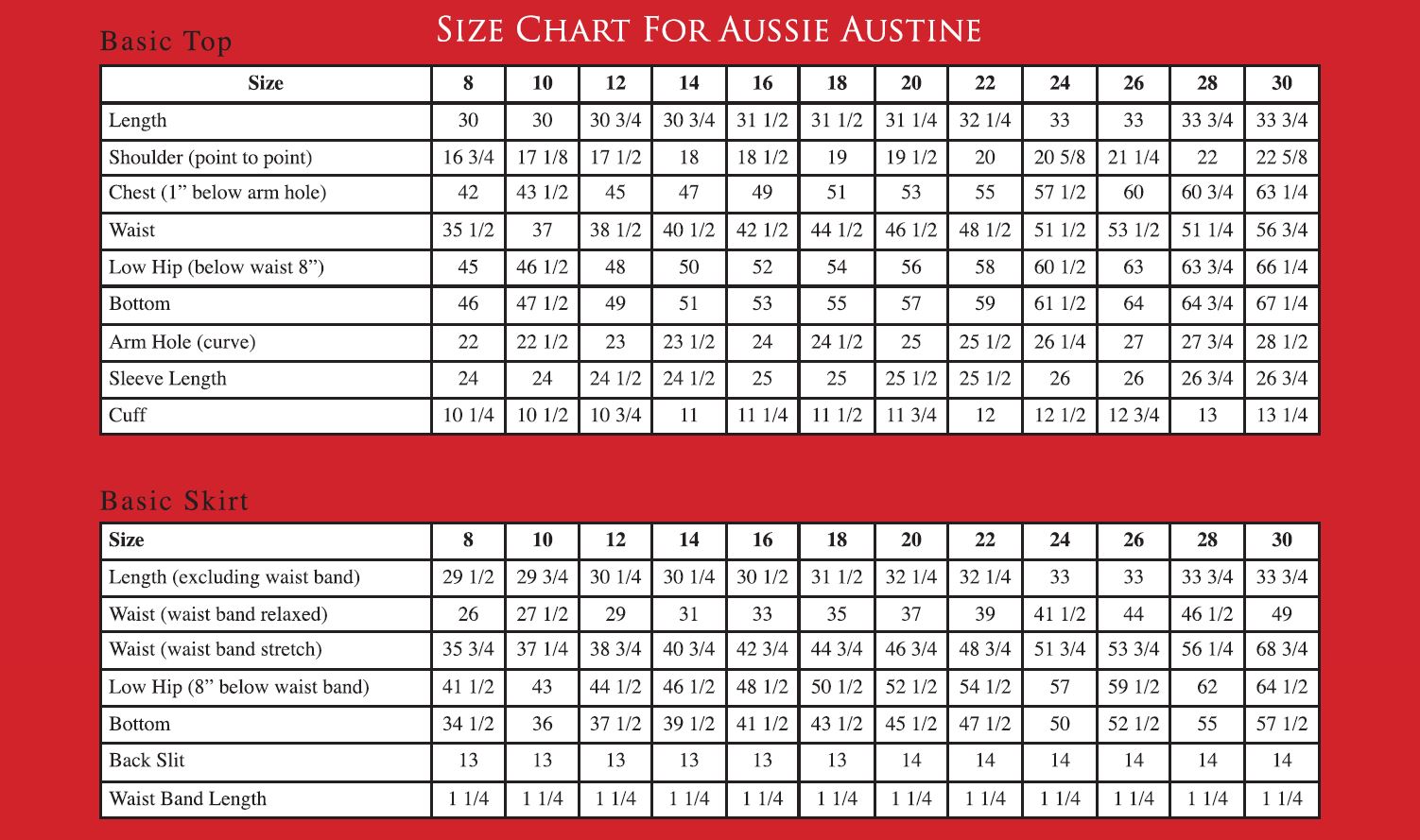 Aussie Austin Size Chart Click to View