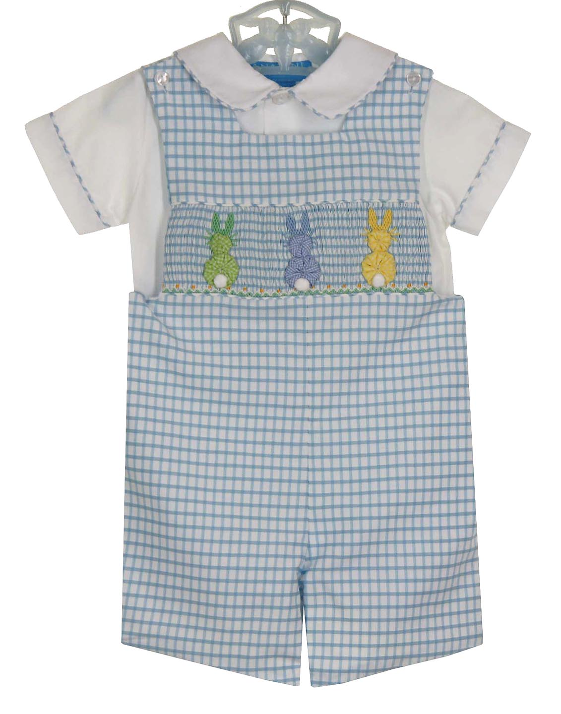 NEW Anavini Blue Checked Smocked Shortall Set with Pastel Bunnies