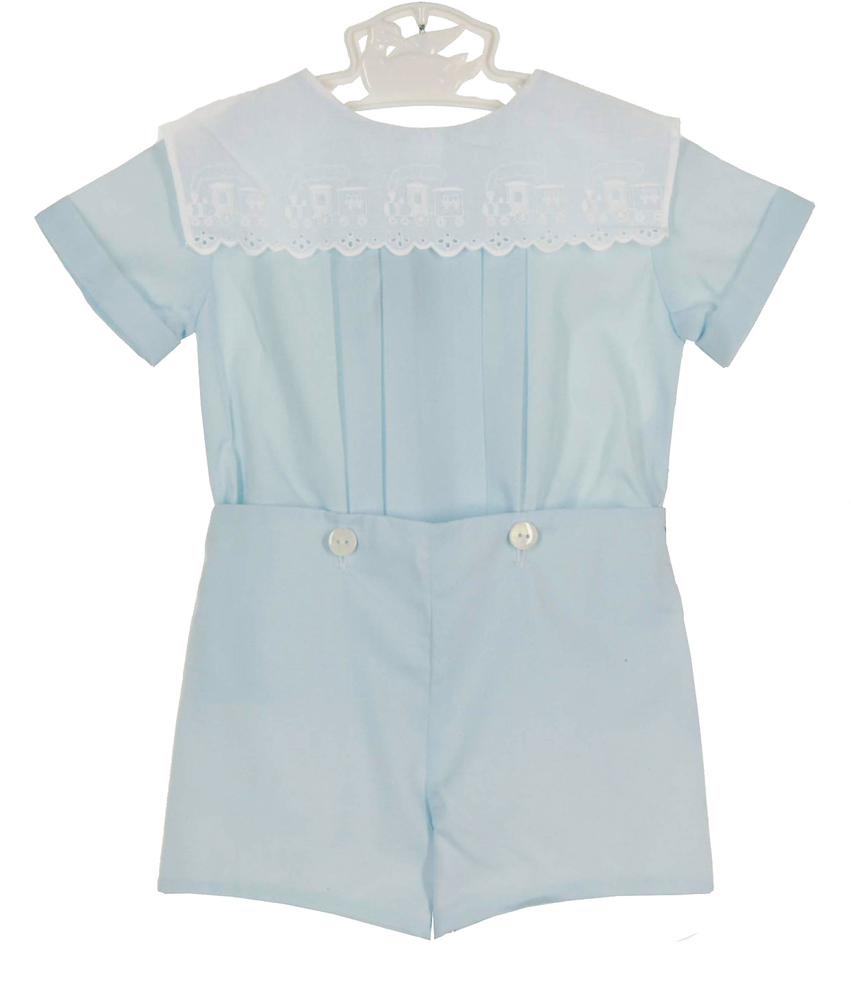 NEW Anvy Kids Blue Button on Shorts Set with Train Embroidered White ...