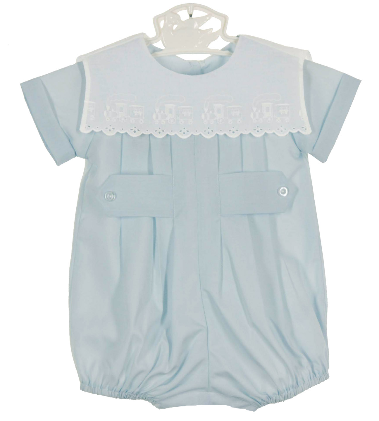 Avi Kids blue romper with train embroidered white portrait collar,baby ...