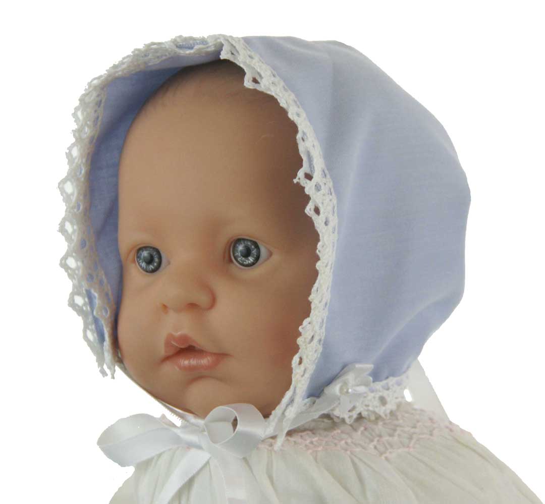 NEW Blue Keepsake Hanky Bonnet with Cluny Lace Trim