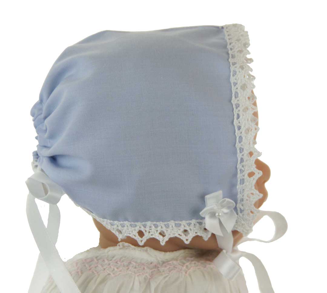NEW Blue Keepsake Hanky Bonnet with Cluny Lace Trim